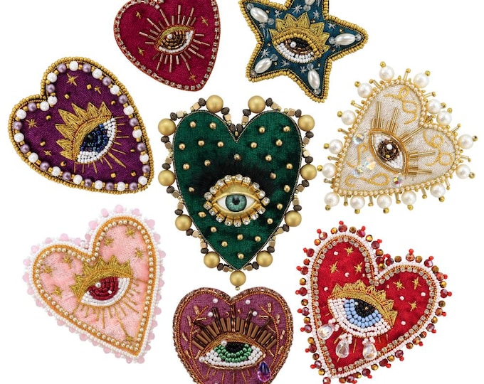 Vintage Lucky Patch Beaded Sacred Heart Patch Embroidered Evil Eye ...