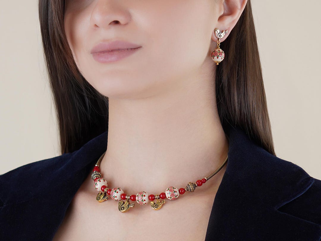 Traditional Ukrainian Jewelry Set, Red & White Ceramic Jewelry, Set of ...