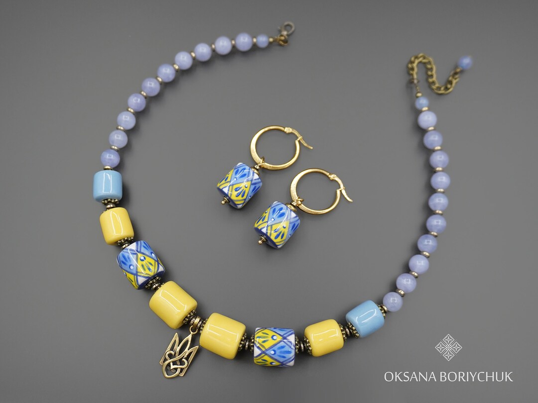 Ukrainian Jewelry Set With Trident Pendant, Blue & Yellow Jewelry Set ...