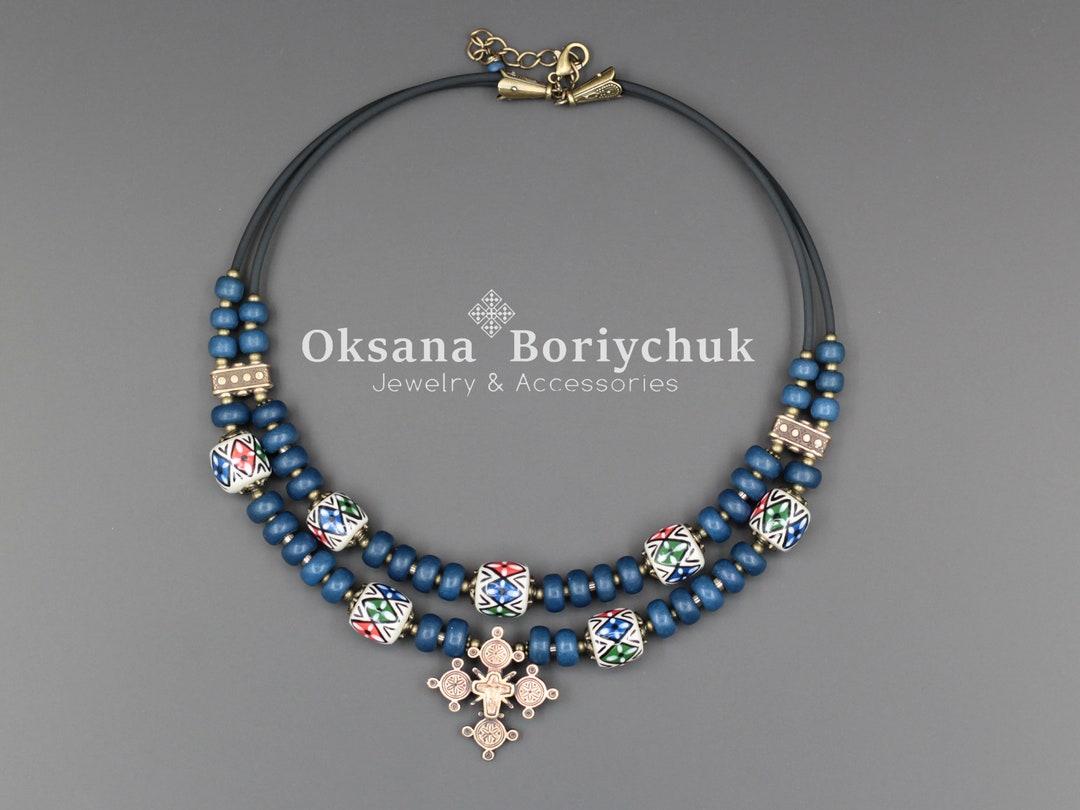 Statement Blue Painting Beaded Choker in Two Lines and Brass Pendant in ...