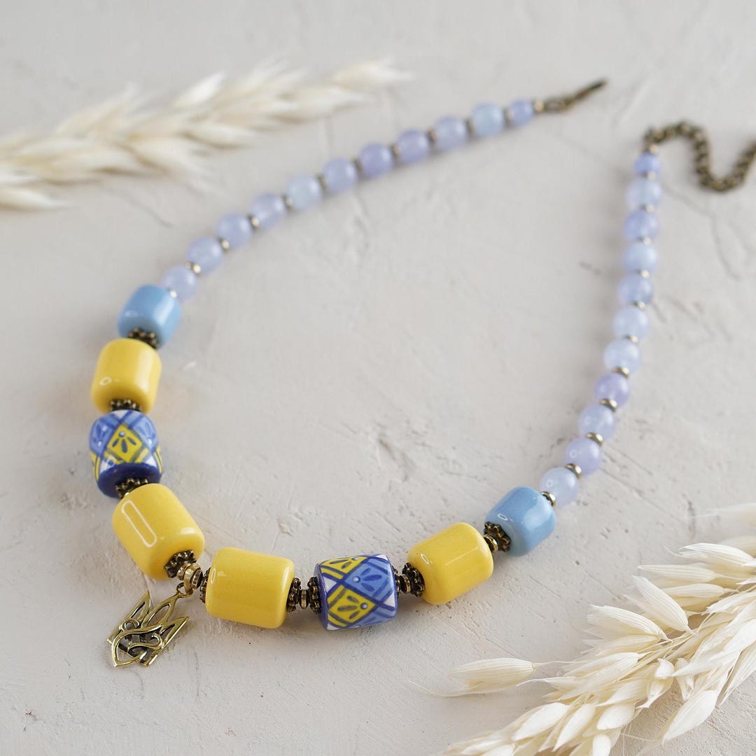 Ukrainian Necklace With Trident Pendant, Blue & Yellow Necklace ...
