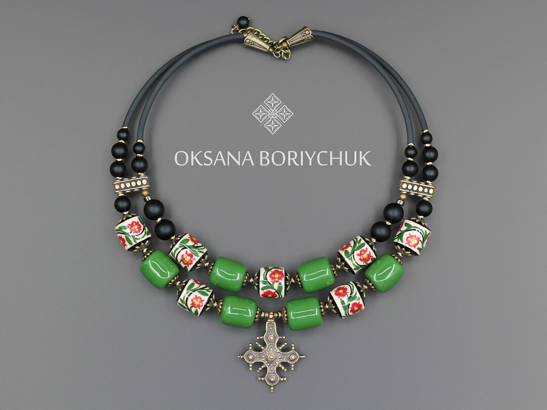 Elegant Choker With Brass Cross Pendant, Handmade Painting Beads, Two ...