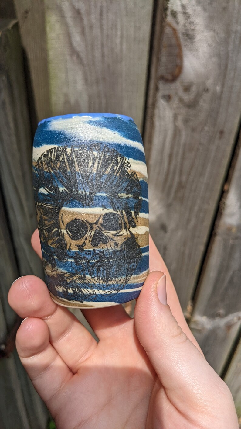Blue and Brown Marbled Mason Stain Mohawk Punk Skull Ceramic Vase ...