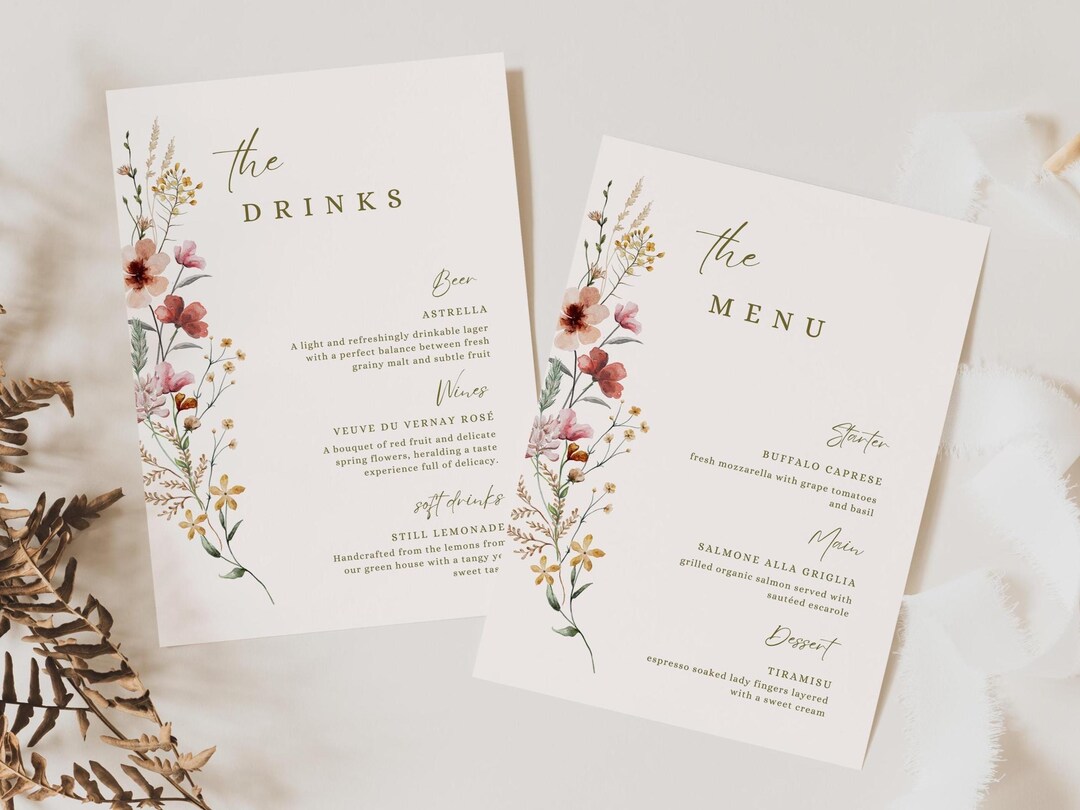 Colourful Floral Drink Menu Template Bright Floral Wedding Menu Pink ...