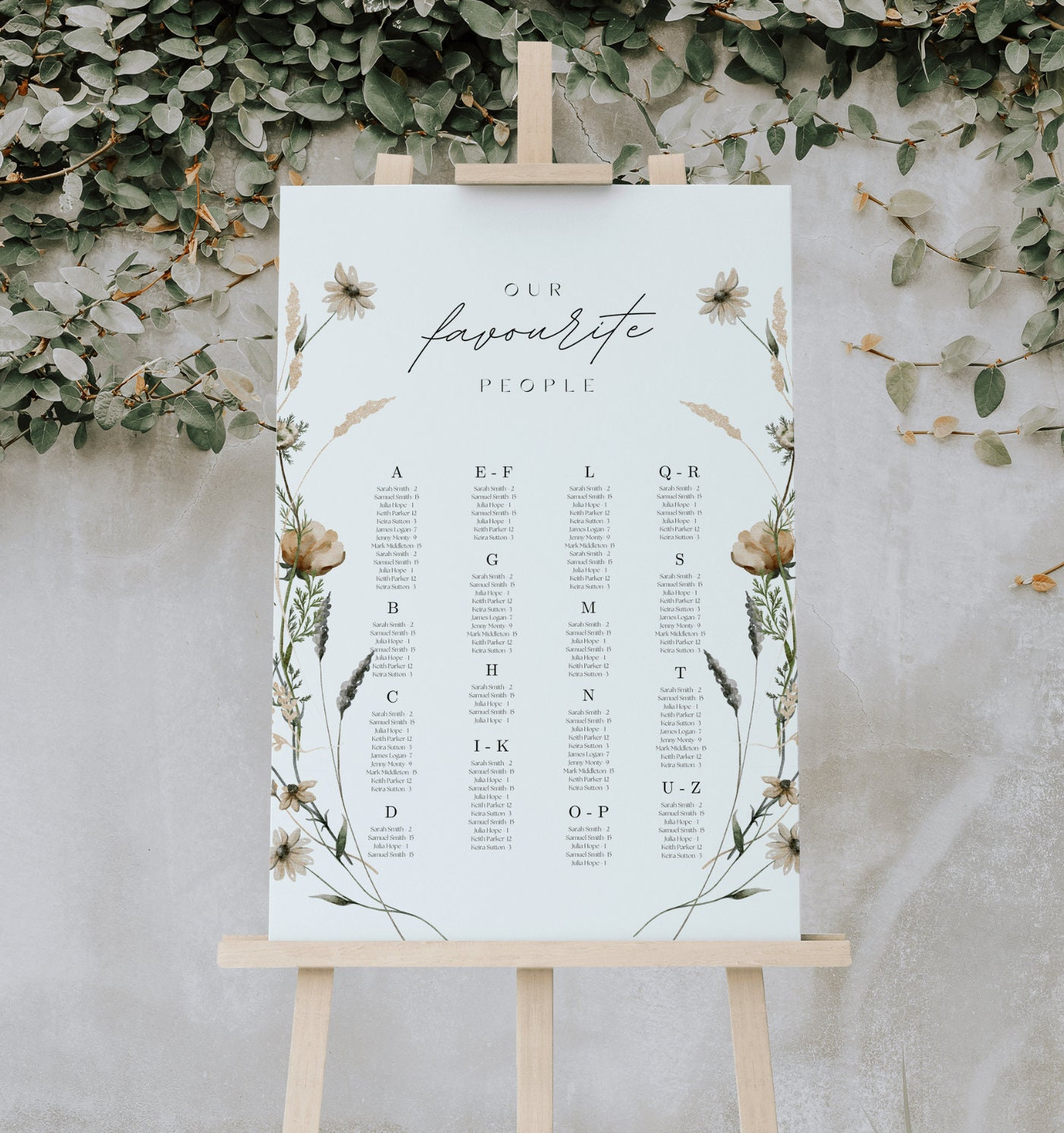 Garden Flower Seating Chart Alphabetical Seating Chart Meadow Flower ...