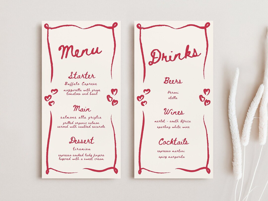 Menu Card Template Hand Drawn Dinner Party Menu Hand Drawn Italian Menu ...