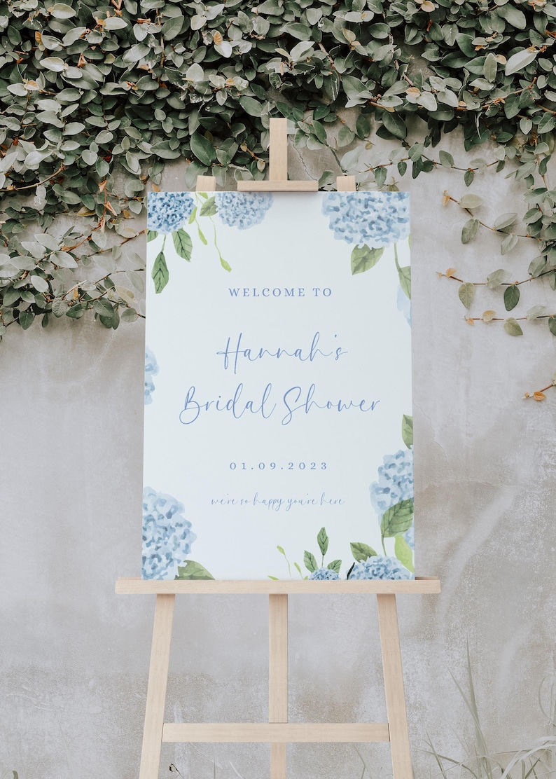 Blue Hydrangea Bridal Shower Welcome Sign Floral Bloom Signage Template ...