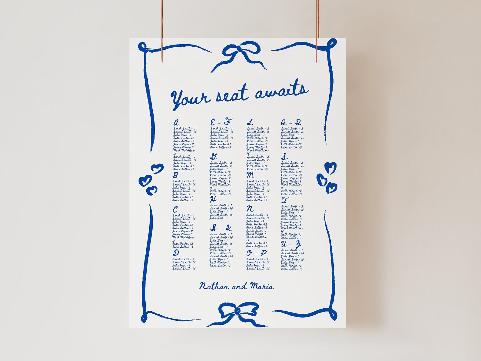 Table Seating Chart Whimsical Seating Chart With Bows Royal Blue ...