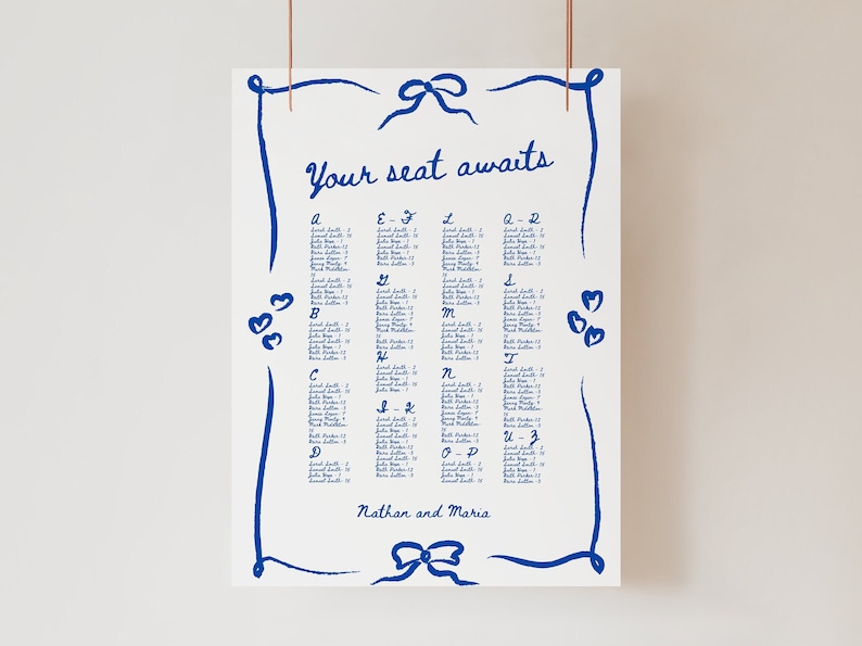 Table Seating Chart Whimsical Seating Chart With Bows Royal Blue ...