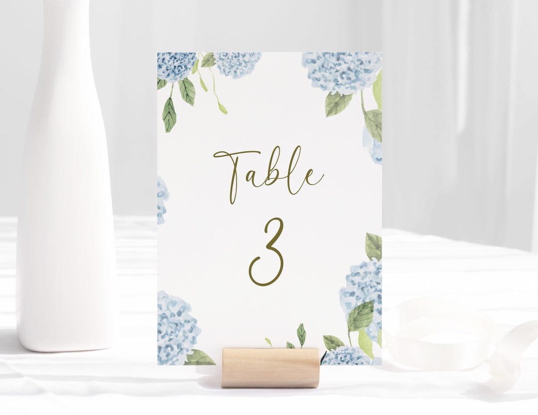Blue Hydrangea Wedding Table Number Sign, Dusty Blue Floral Table ...