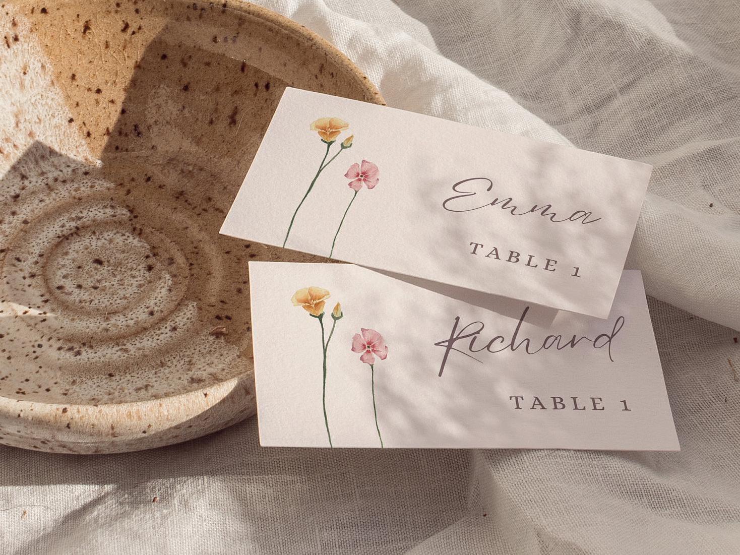 Wildflower Seating Cards Spring Floral Place Card Watercolour Wedding ...