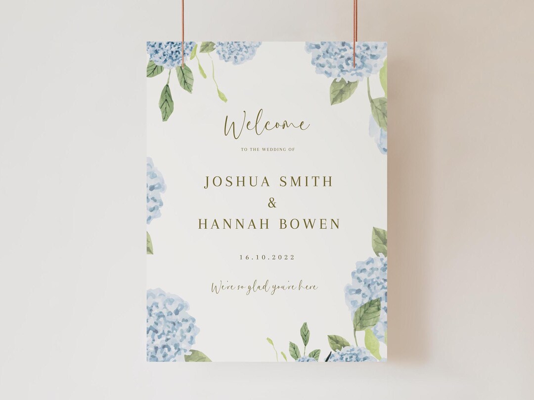 Blue Hydrangea Wedding Welcome Sign Template Canva Light Blue Summer ...