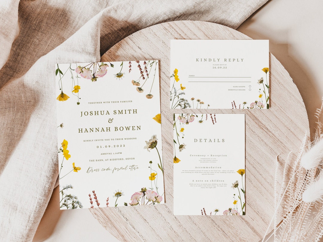 Pressed Flower Wedding Invitation Wildflower Wedding Invite Floral ...