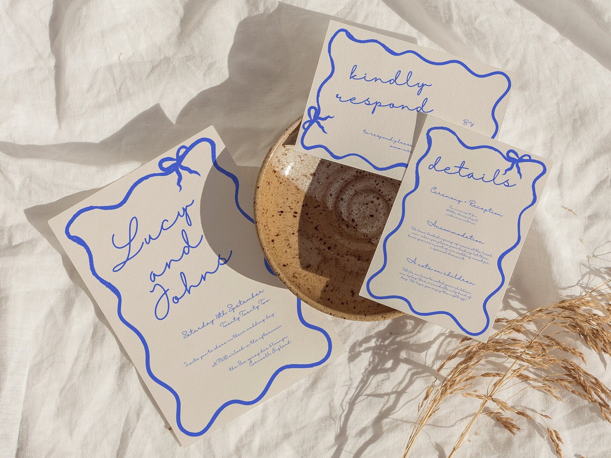 Wavy Wedding Invitation Template, Hand-drawn French Blue Invite (canva ...