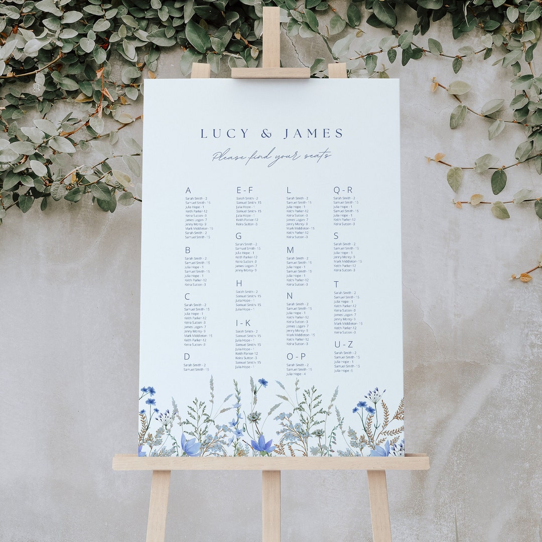Dusty Blue Floral Wedding Seating Chart Powder Blue Wedding Table Plan ...