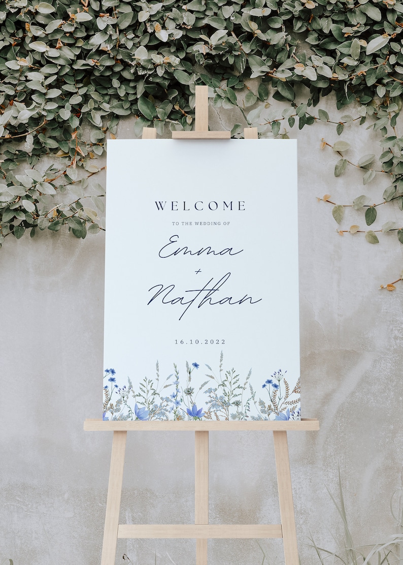 Light Blue Floral Wedding Sign Template White Dusty Blue Wildflower ...
