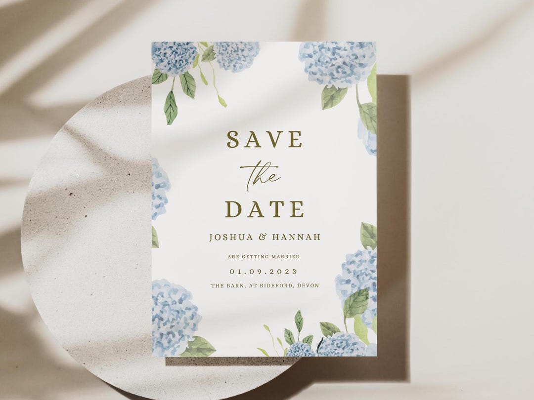 Blue Hydrangea Save the Date Template: Watercolor Floral (canva ...