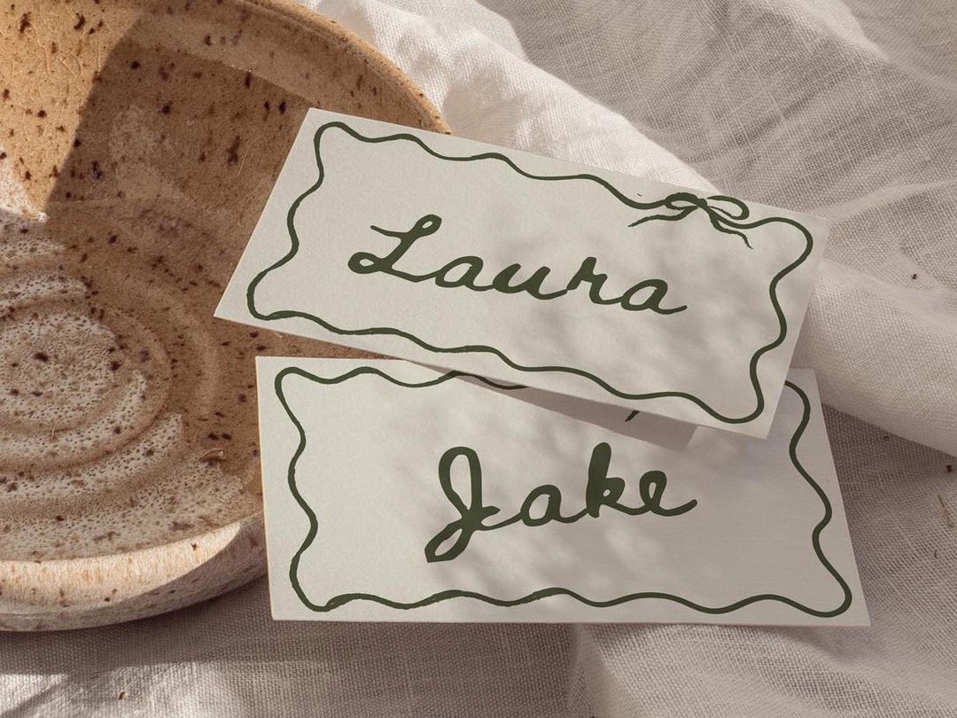 Wavy Place Cards Digital Download, Whimsical Illustrated Name Tags Sage ...