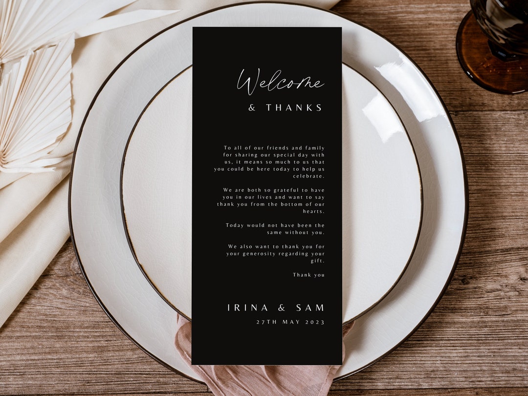 Black Wedding Thank You Note, Minimalist Welcome Place Card, Printable ...