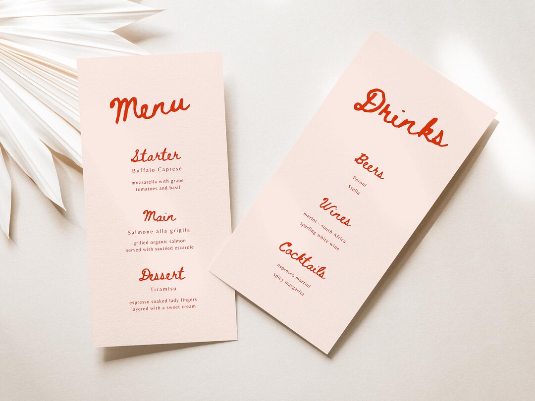Double Sided Menu Card Whimsical Wedding Menu Template Drinks Menu ...