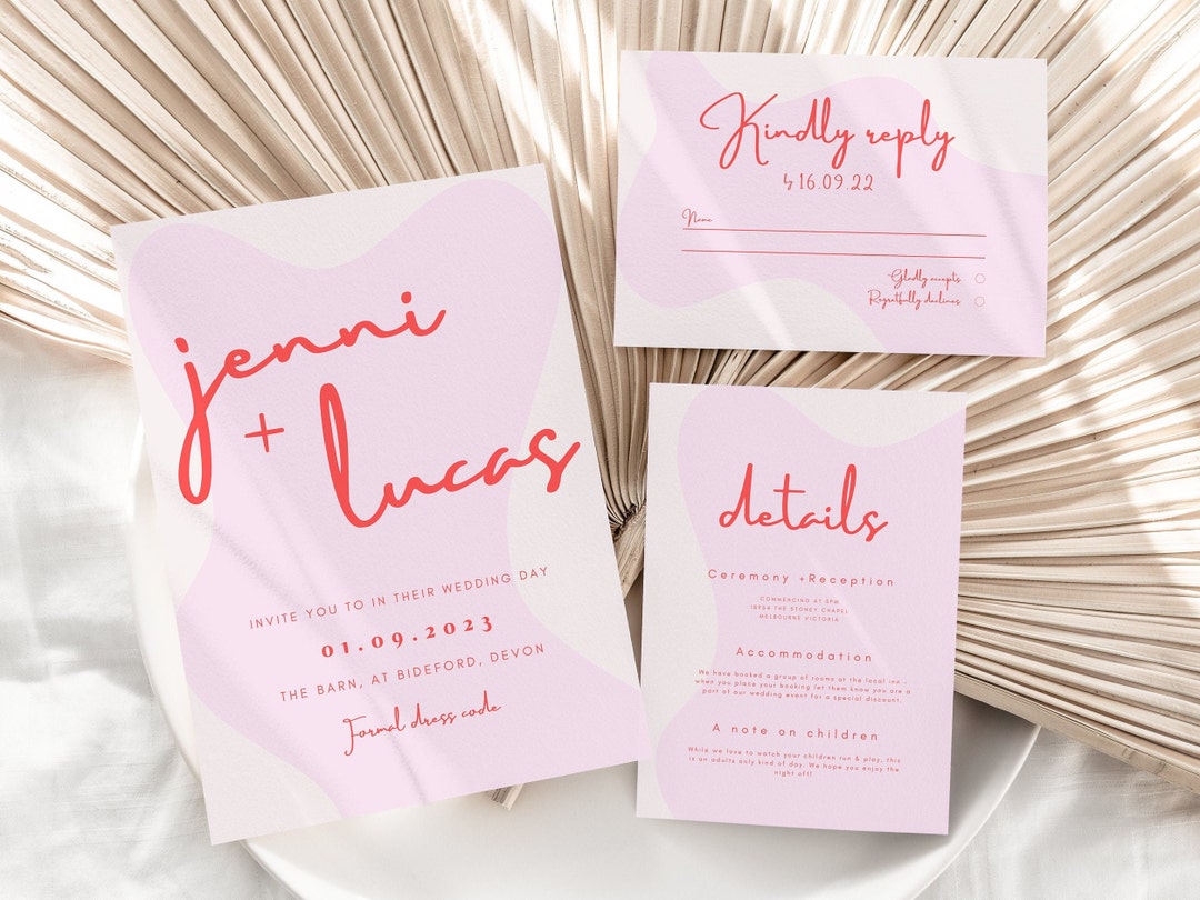 Pink Retro Wedding Invitation Template Funky Invite Red and Pink ...
