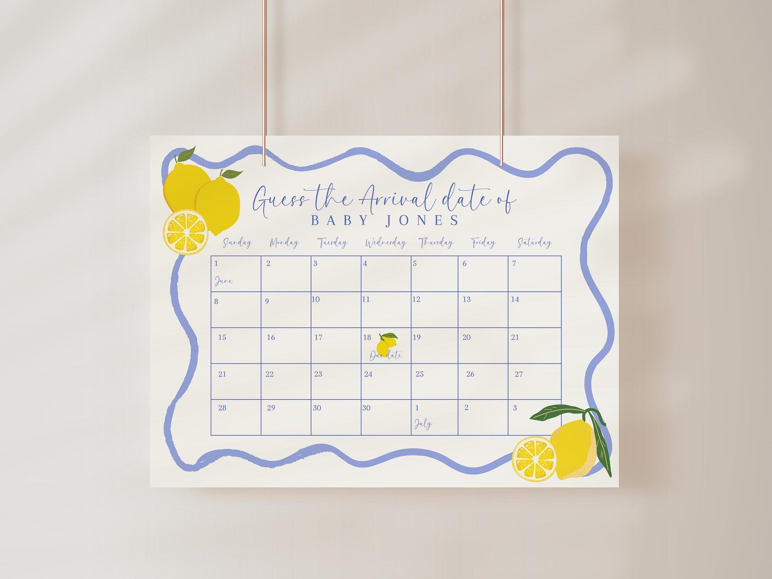 Lemon Guess the Baby Due Date Calendar Citrus Baby Shower Guess Baby's ...