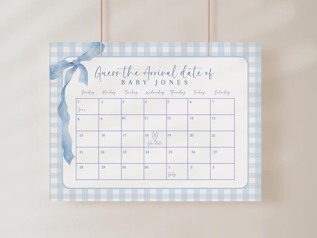 Guess the Due Date Blue Gingham, Baby Shower Calendar Game With Blue ...