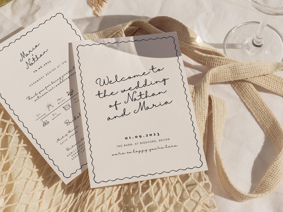 Hand Drawn Double Sided Wedding Program Wavy Border Wedding Program Fan ...