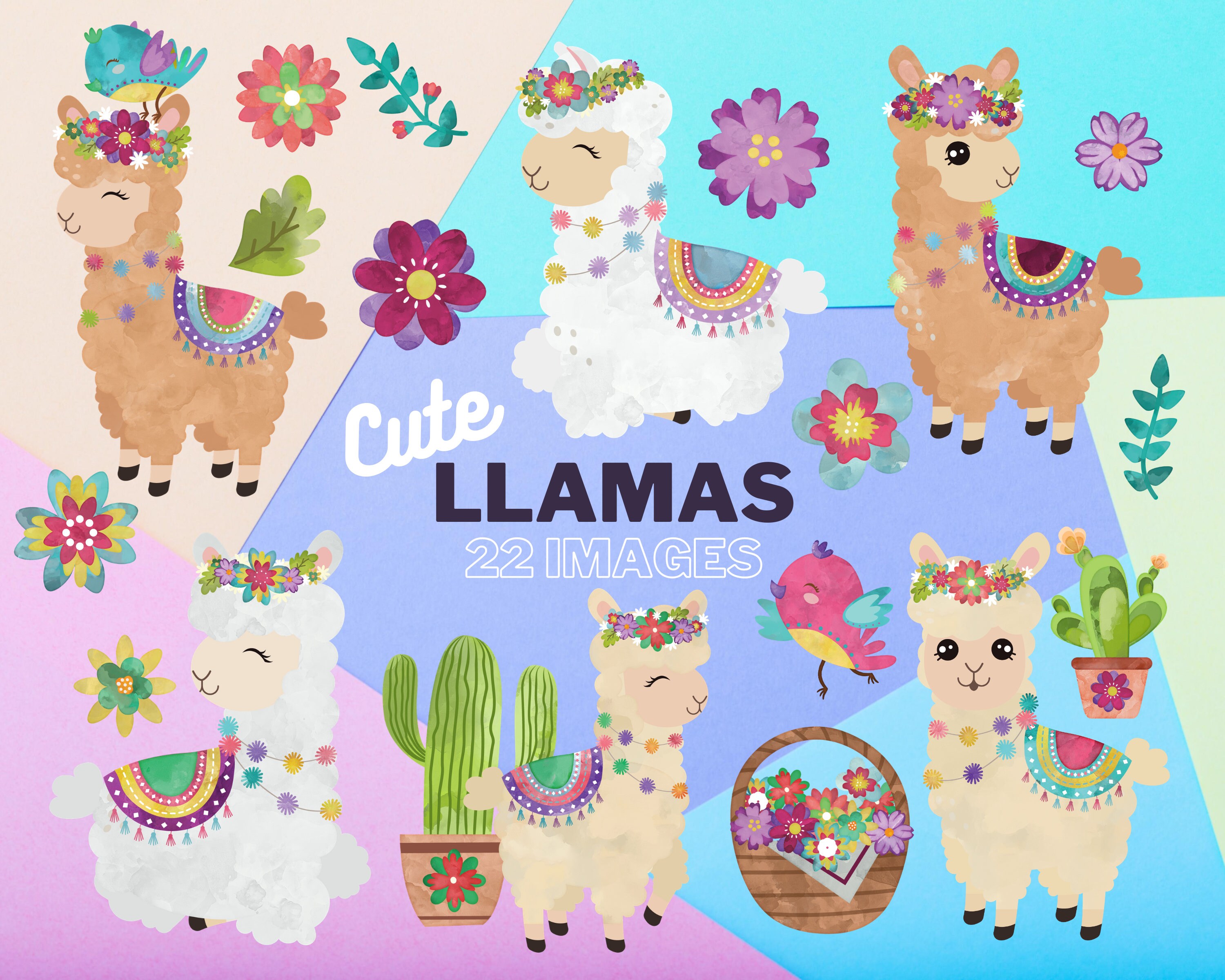 Colorful Llamas - Decorated Llama - Clipart - Alpaca Clip Art - Digital ...