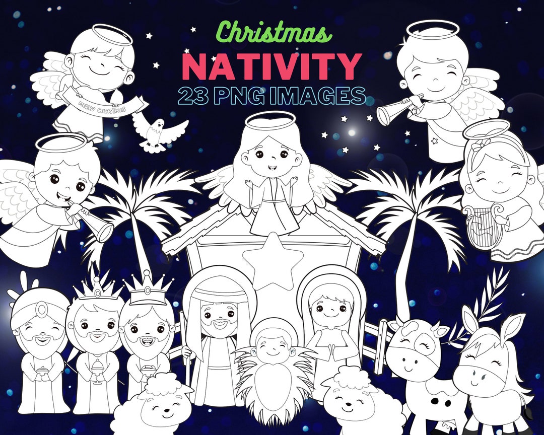 Nativity Scene Line Art: Christmas Coloring Pages, Jesus Clipart ...