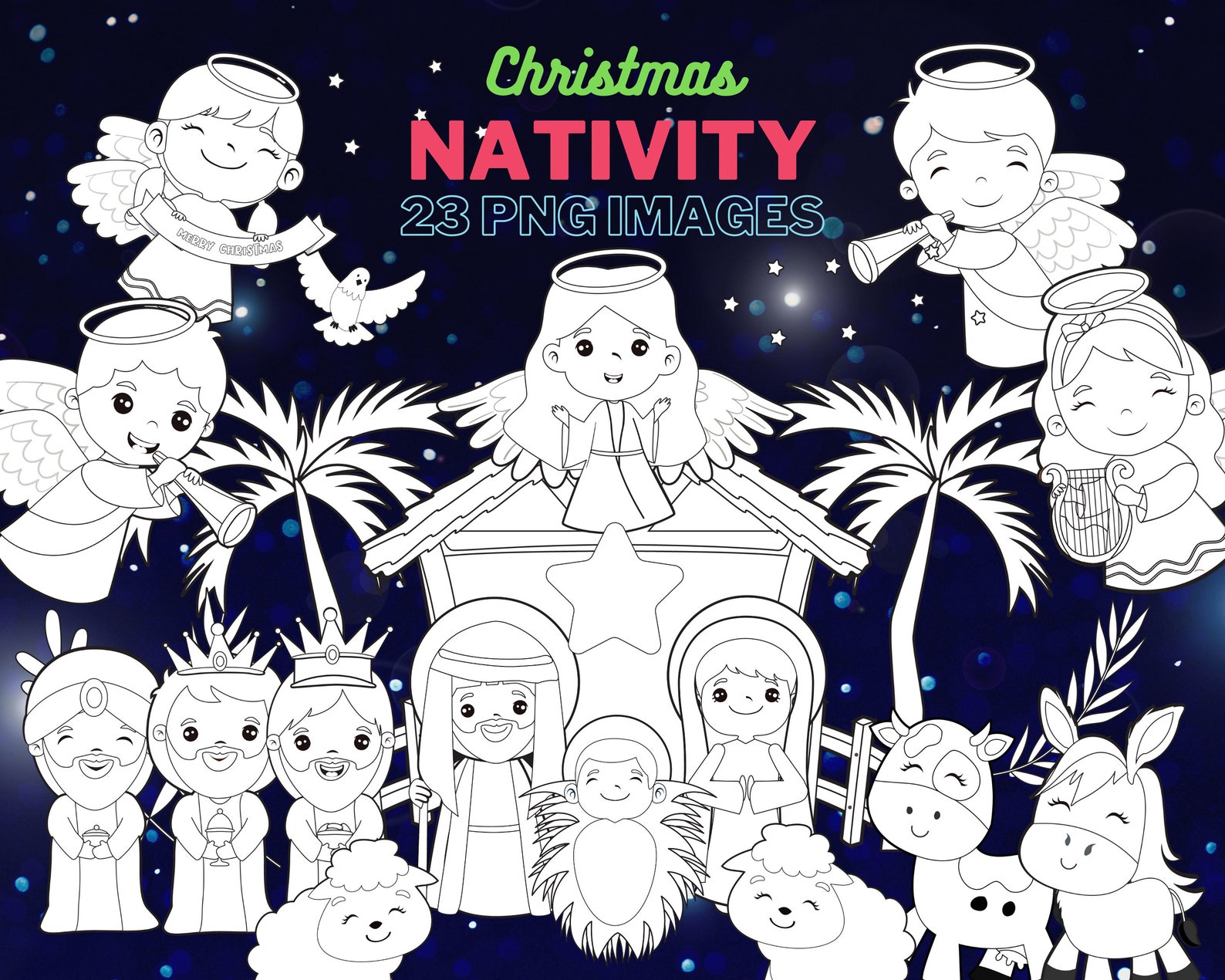 Nativity Scene, Nativity Line Art, Digital Stamps, Black and White ...