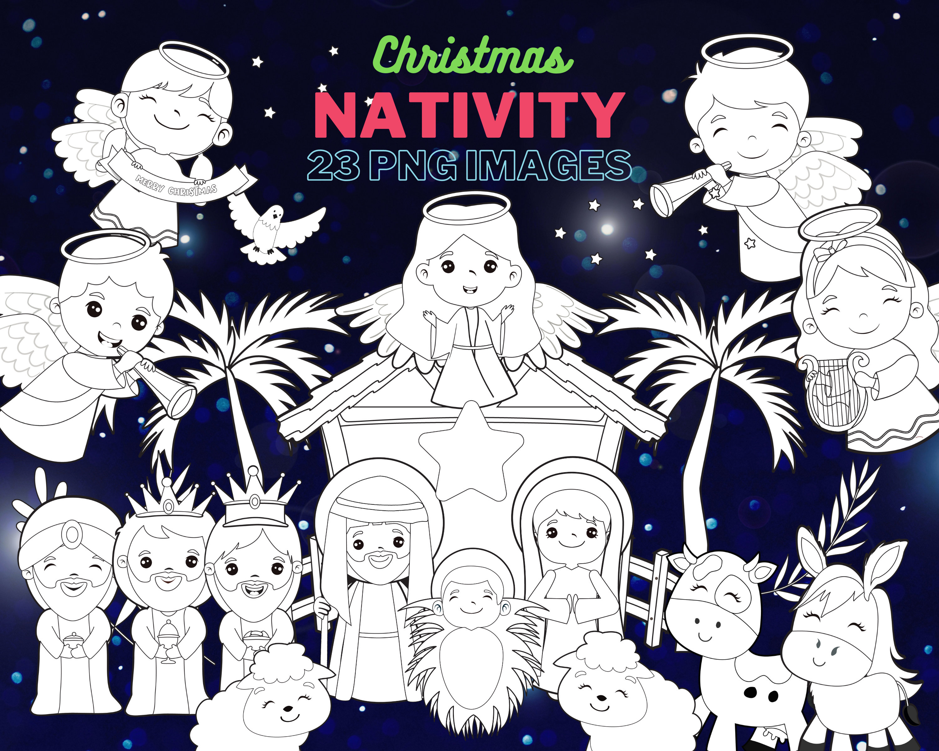 Nativity Scene, Nativity Line Art, Digital Stamps, Black and White ...