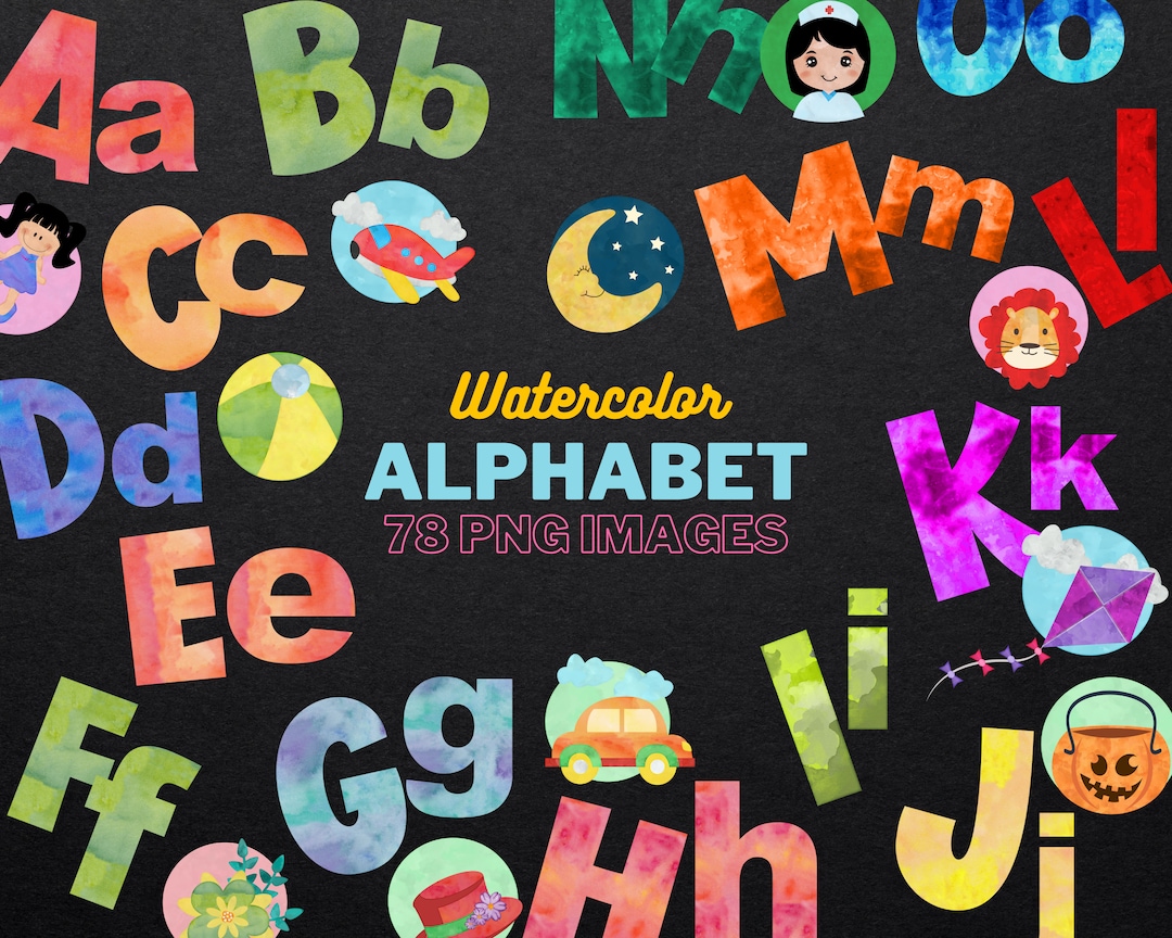 Watercolor Alphabet Clipart: 78 PNG Graphics, Letters Clip Art (digital ...