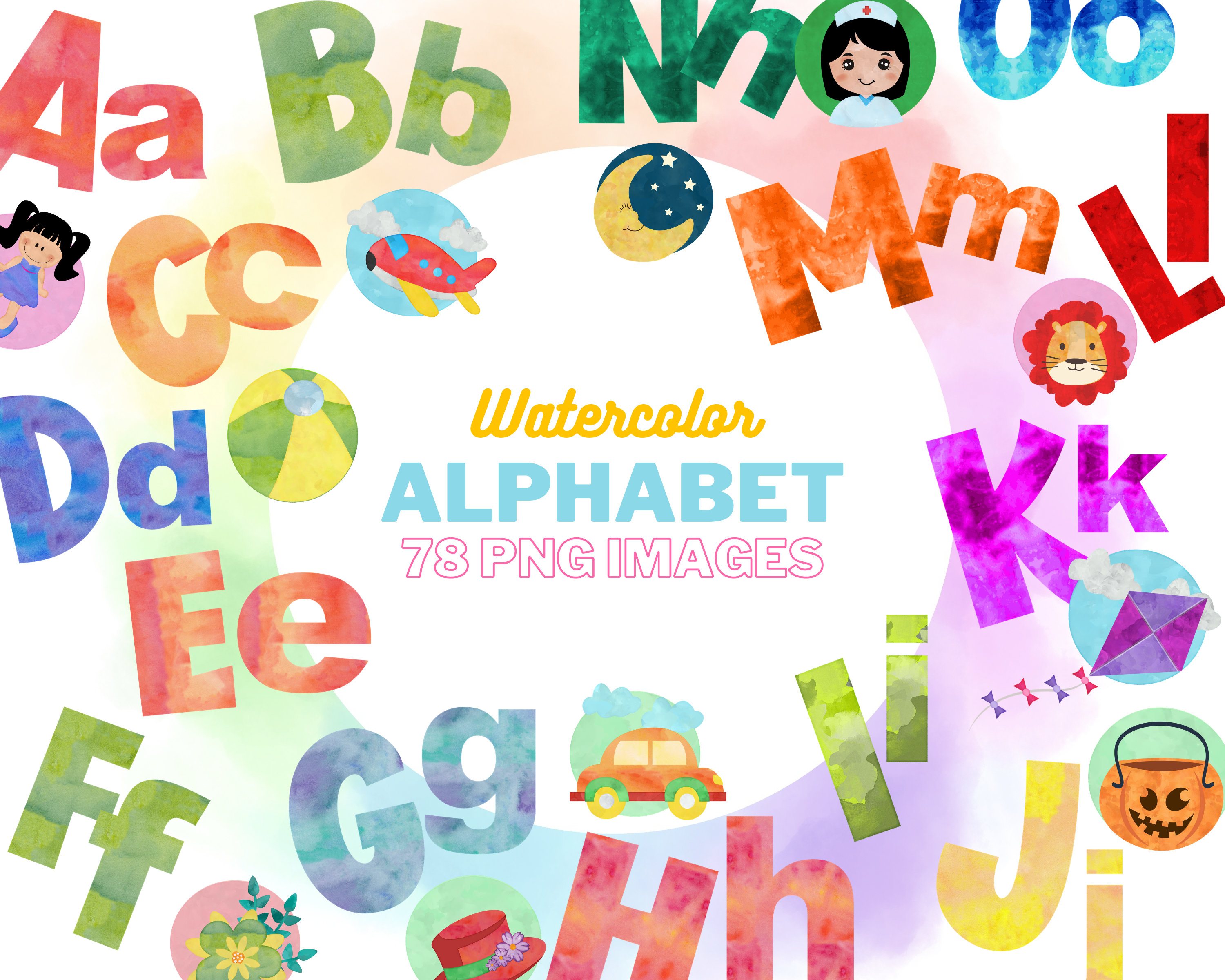 Watercolor Alphabet Clipart: 78 PNG Graphics, Letters Clip Art (digital ...