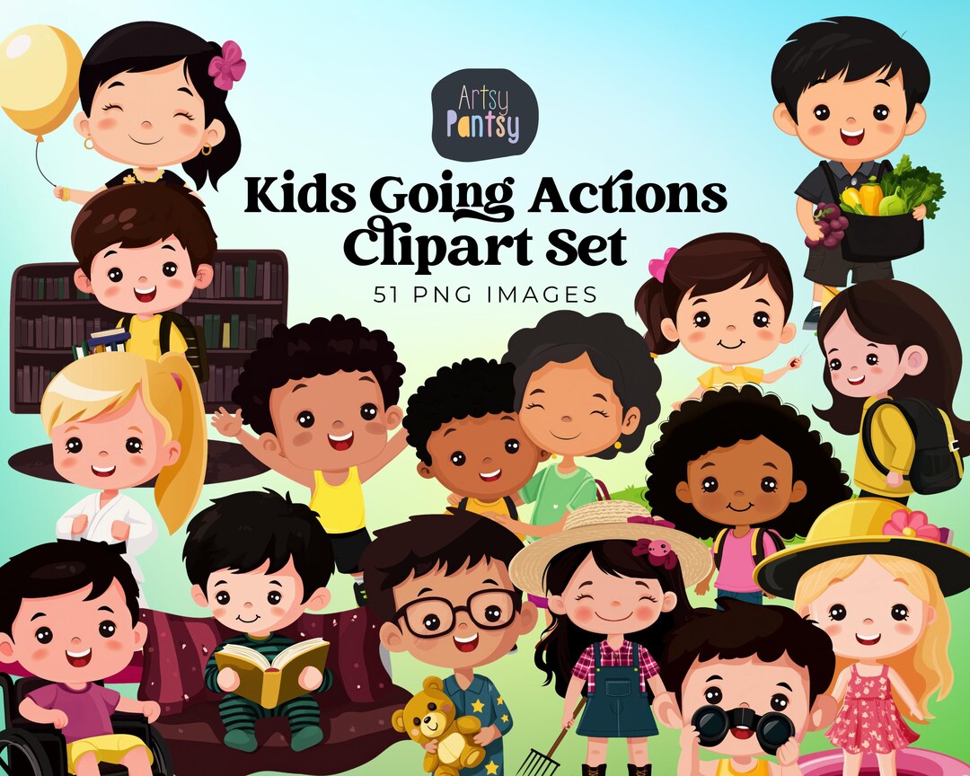 Kids Clipart Set – Children in Action, School Activities, Reading ...