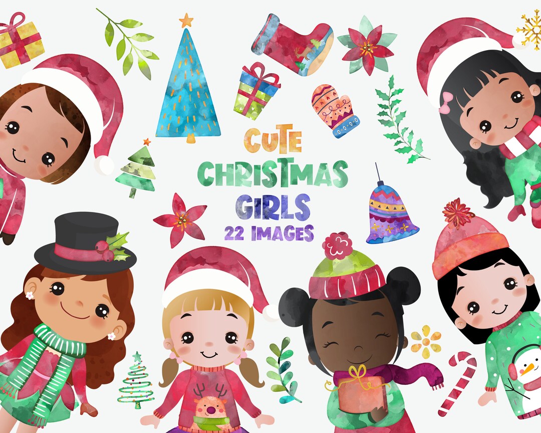 Cute Christmas Clipart, Merry Christmas Girls Clipart Instant Download ...