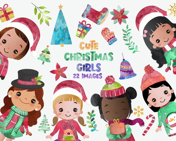 Cute Christmas Clipart Merry Christmas Girls Clipart Instant | Etsy