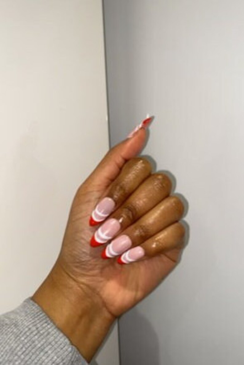 Triple Christmas French Tip Press-on Nails, Red French Tip Nails, White ...