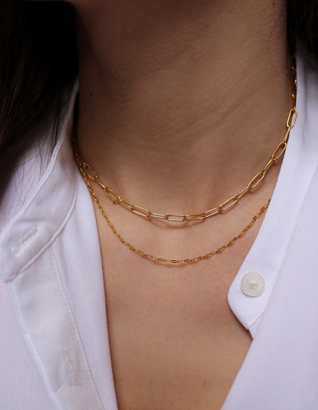 Two-row Gold Necklace, Rectangular Mesh and Fancy Mesh Stainless Steel ...
