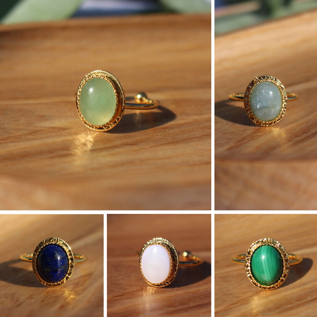 Gold Plated and Natural Stone Ring Oval Natural Gemstone Adjustable ...