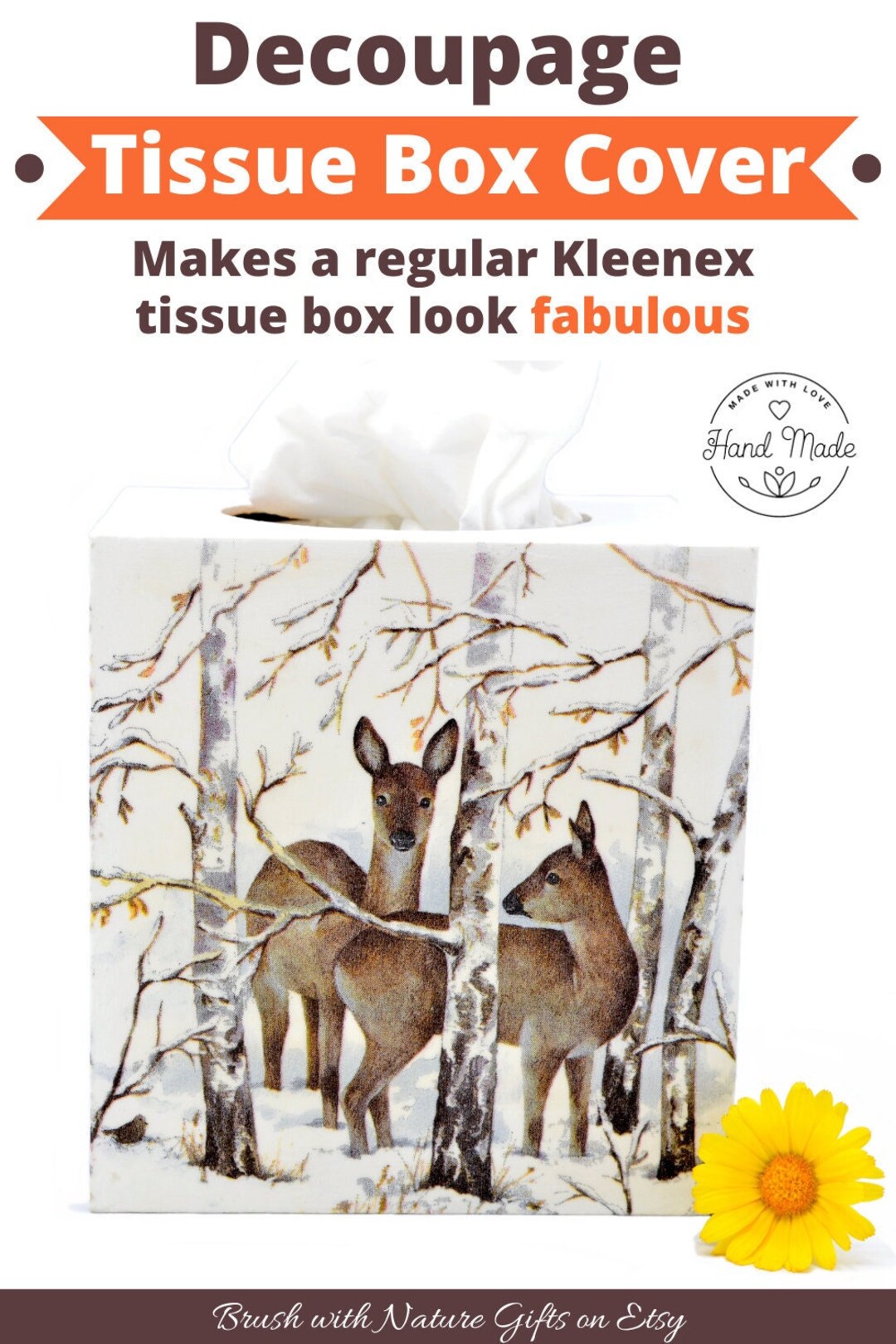 Deer Square Tissue Box Cover, Cube Kleenex Holder Lid, Woodland in Snow ...