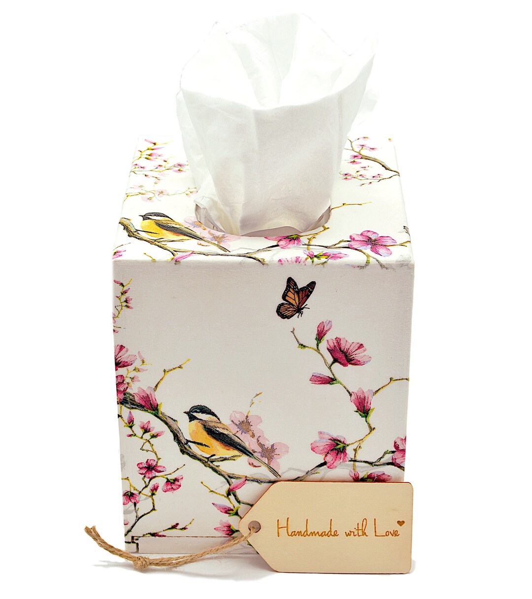 Bird Cube Wood Decoupage Tissue Box Cover, Square Hand Decorated Holder ...