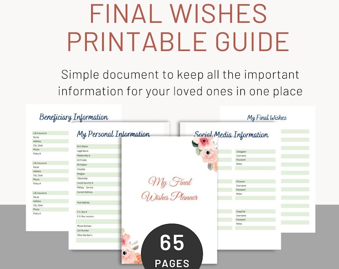 Final Wishes, End of Life Planner. Personal, Medical, Pet, Passwords ...