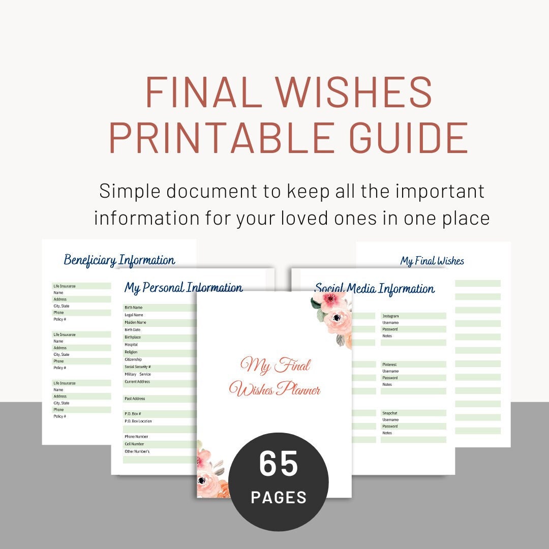 Digital Final Wishes Planner, Printable, End of Life Document ...