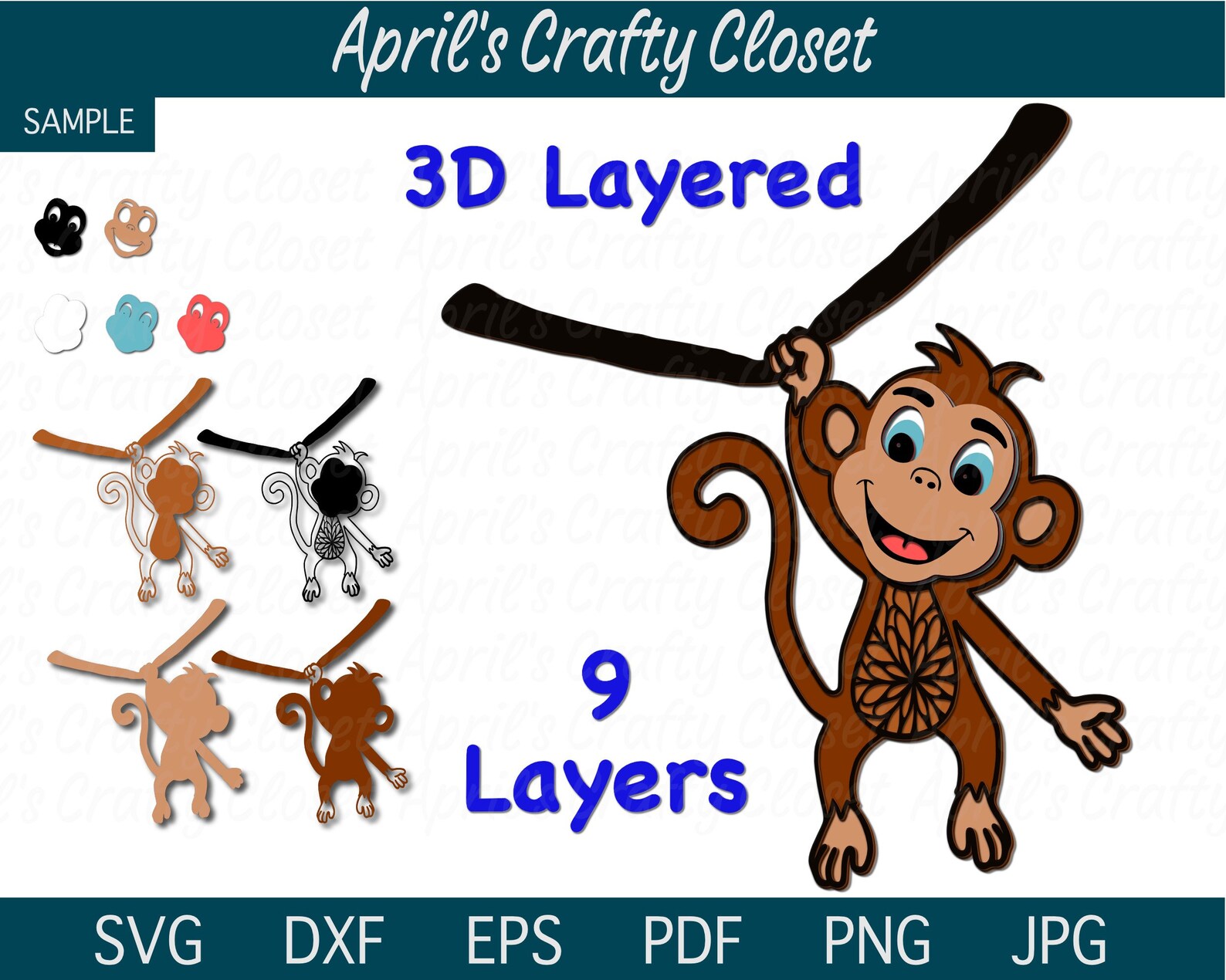 3D Layered Monkey SVG Cut File, 9 capas SVG, DXF, eps, pdf, png, jpg ...