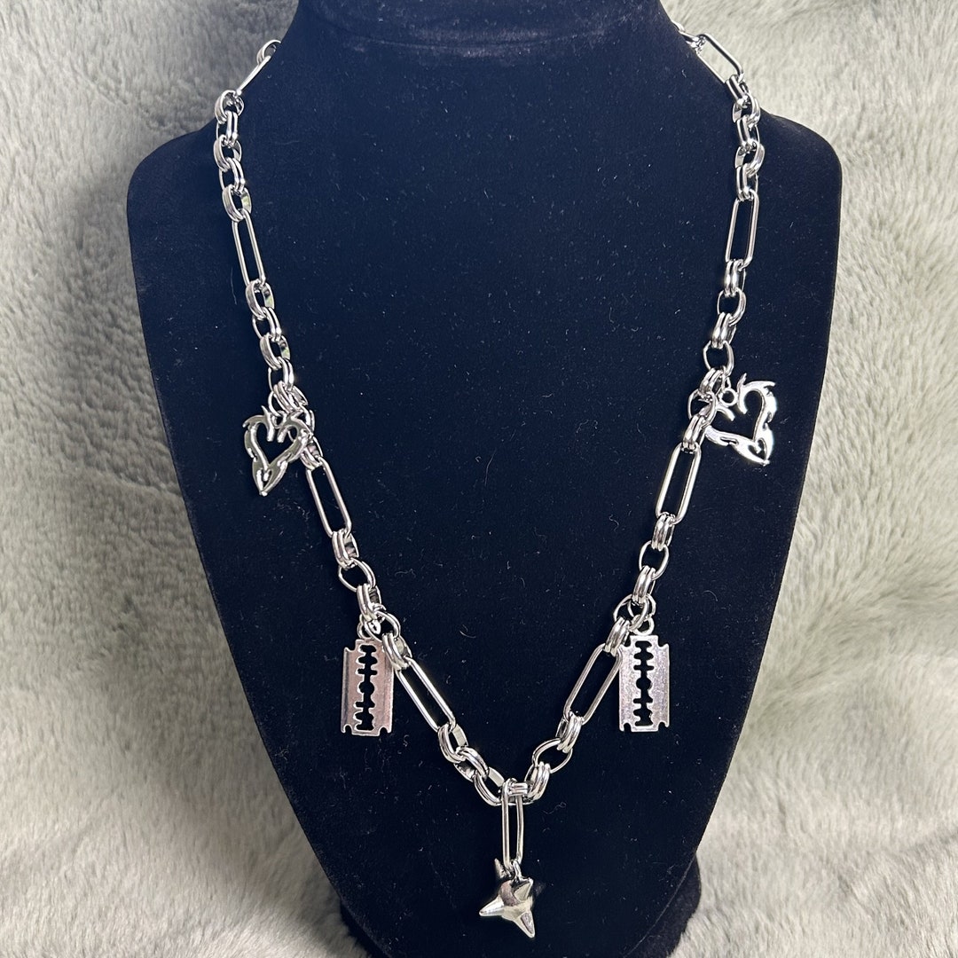 Silver Chain Necklace With Razor, Hearts and Spike Ball Charms - Etsy