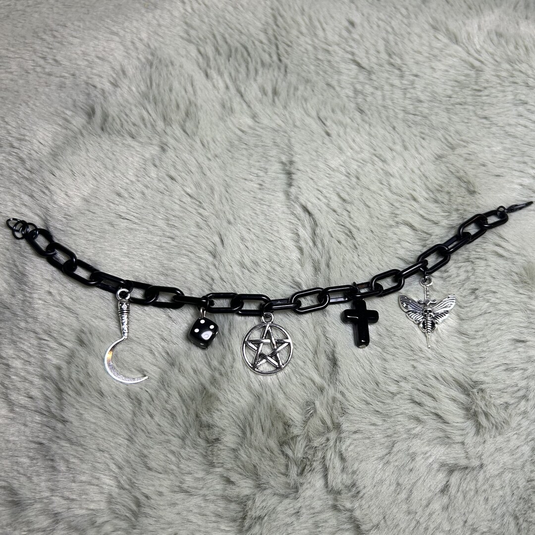 Scythe, Dice, Pentagram Star, Cross and Moth Charms in Silver and Black ...