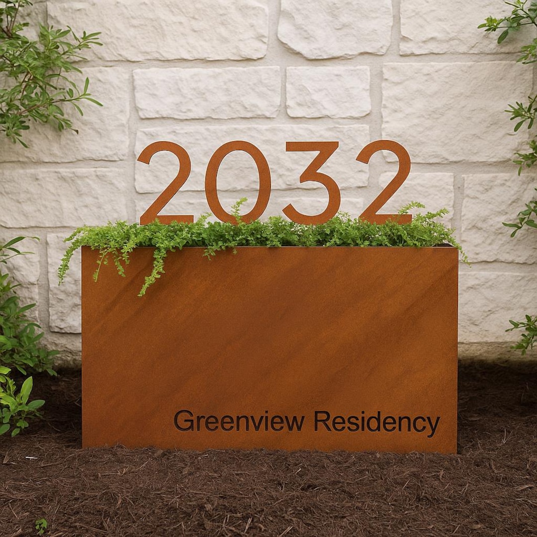 Corten Address Planter | Modern House Number Sign | Rusted Metal ...