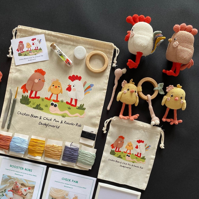 Amigurumi Crochet Kit, Rooster, Chicken & Chick With Rattle, Printed ...