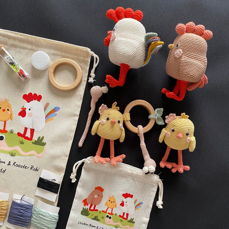 Amigurumi Crochet Kit, Rooster, Chicken & Chick With Rattle, Printed ...